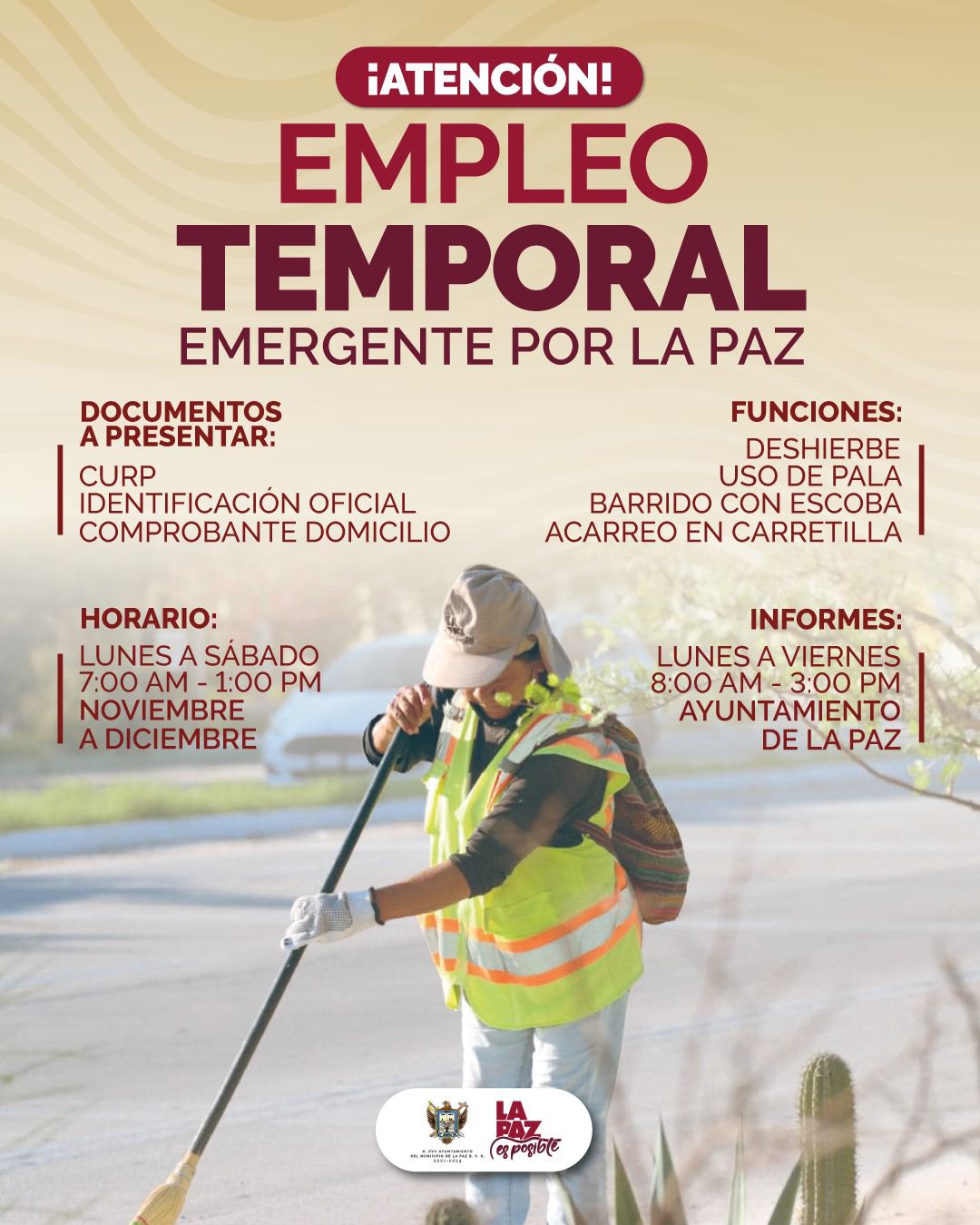 Implementa Ayuntamiento de La Paz Programa de Empleo Temporal